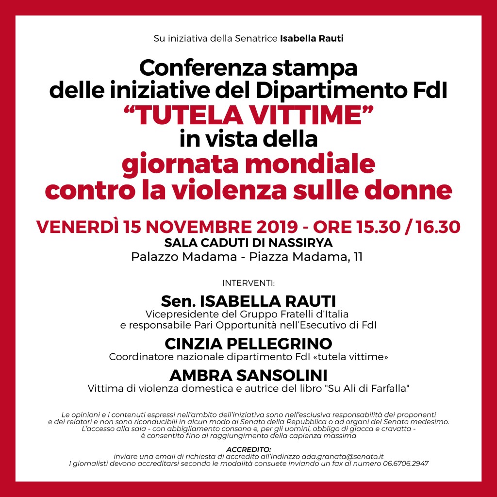 Venerdì 15 novembre, ore 15:30 – Conferenza stampa delle iniziative del Dipartimento FdI “Tutela ...