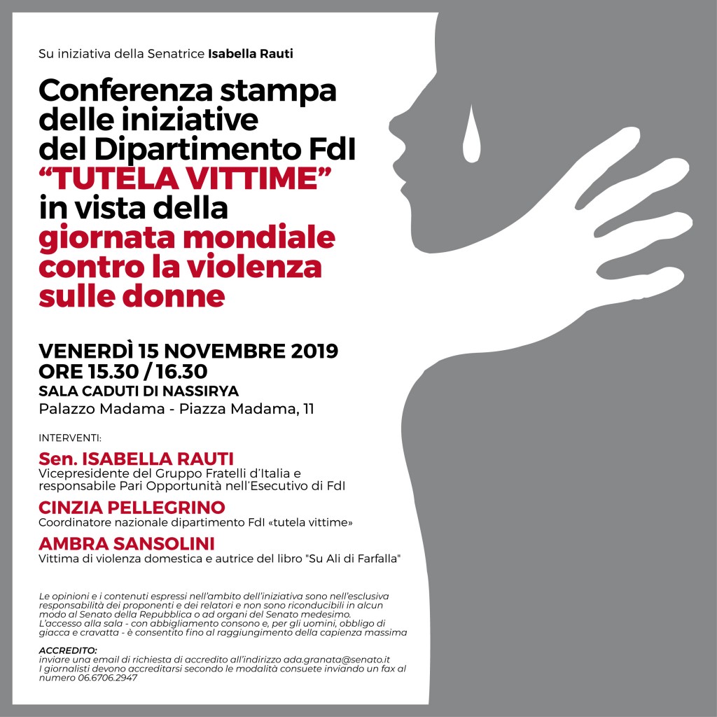 Venerdì 15 novembre, ore 15:30 – Conferenza stampa delle iniziative del Dipartimento FdI “Tutela ...